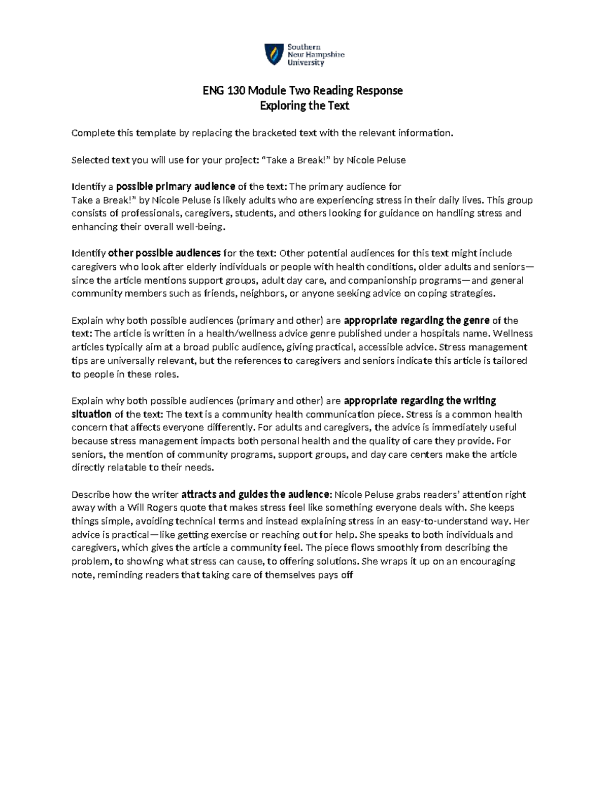 ENG 130 Module 2 Reading Response: Analyzing Audience in "Take a Break ...