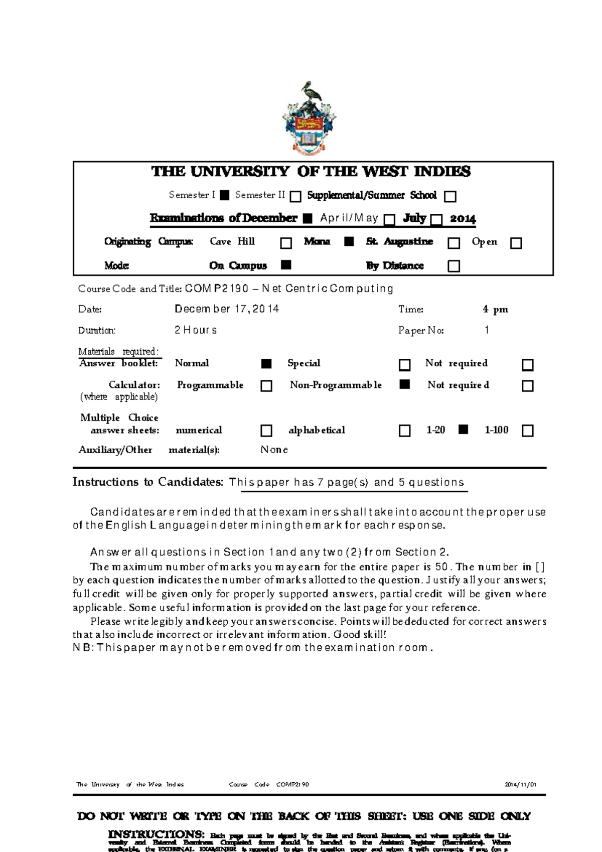 COMP2190 Final Exam Answers - December 2014 - Studocu