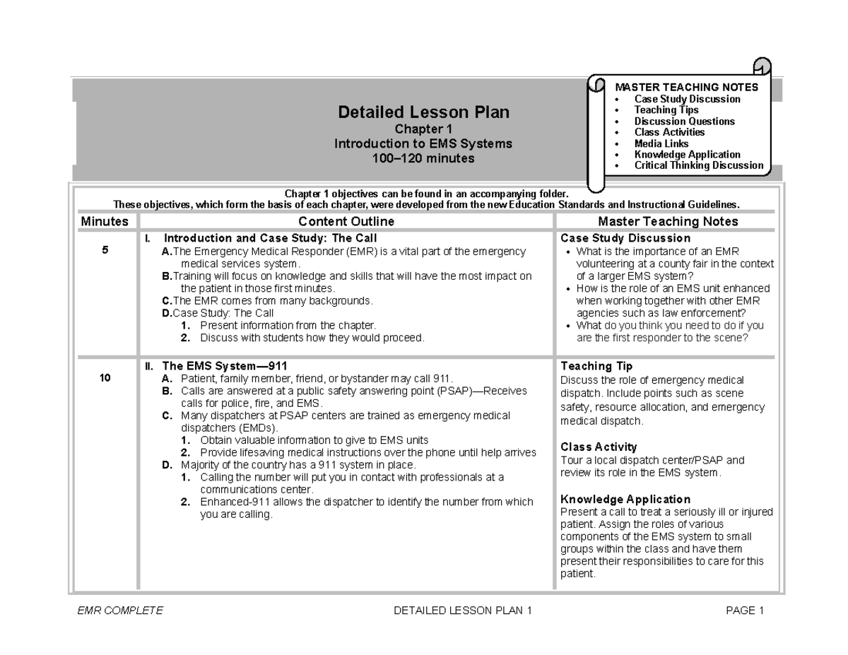 EMR Lessonplan Ch01 - Chapter one teacher guide for EMR - Detailed ...