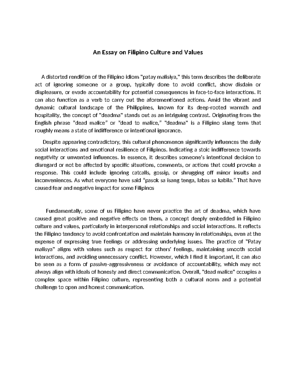Essay on Filipino Culture & Values (Final Exam) - Studocu