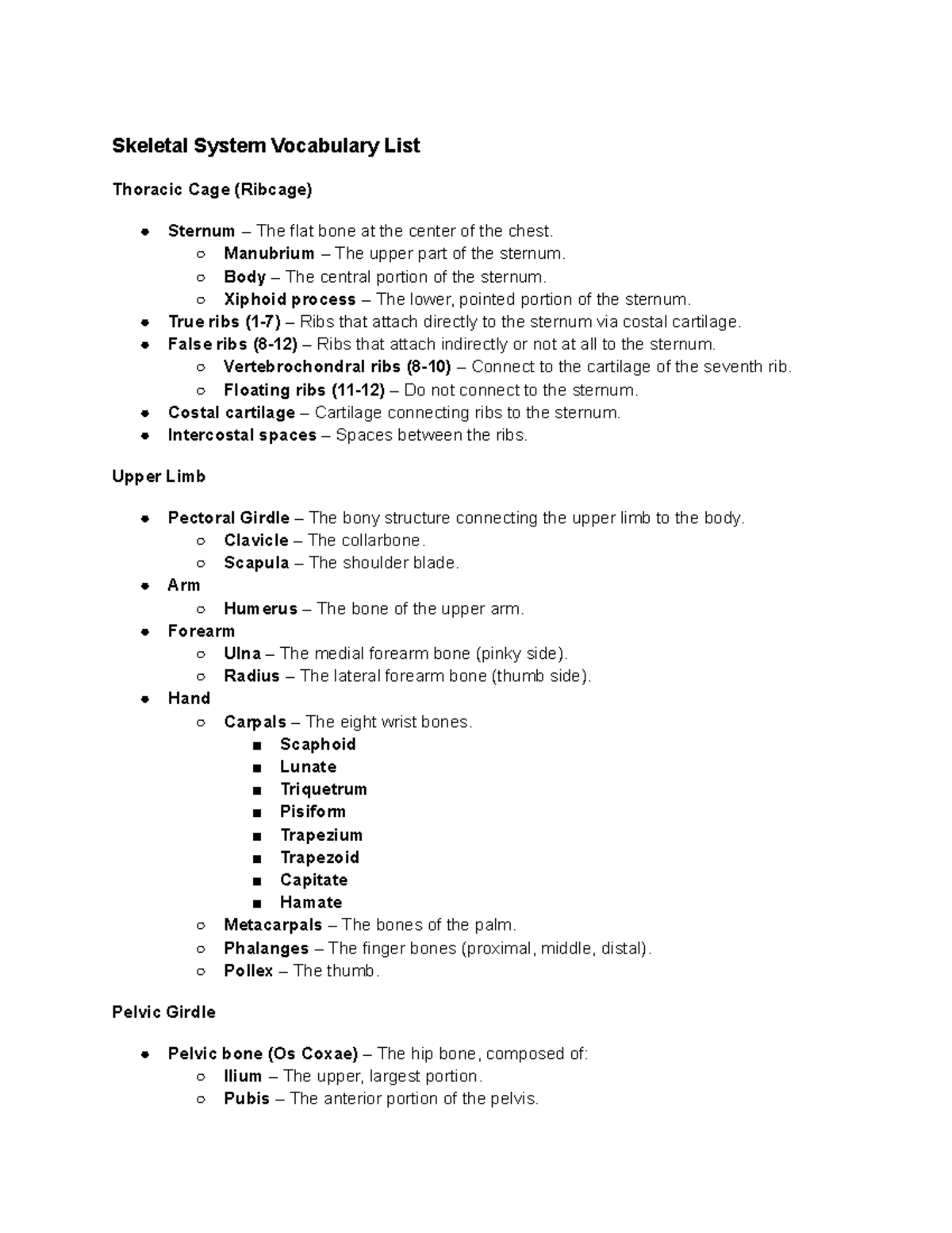Skeletal System Vocabulary List for Anatomy Class - Skeletal System ...