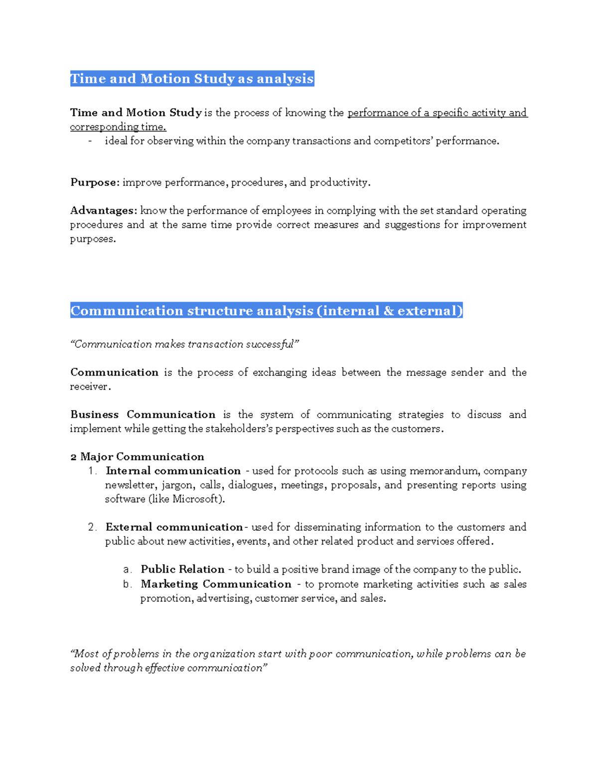 Time and Motion Study & Communication Structure Analysis - Studocu