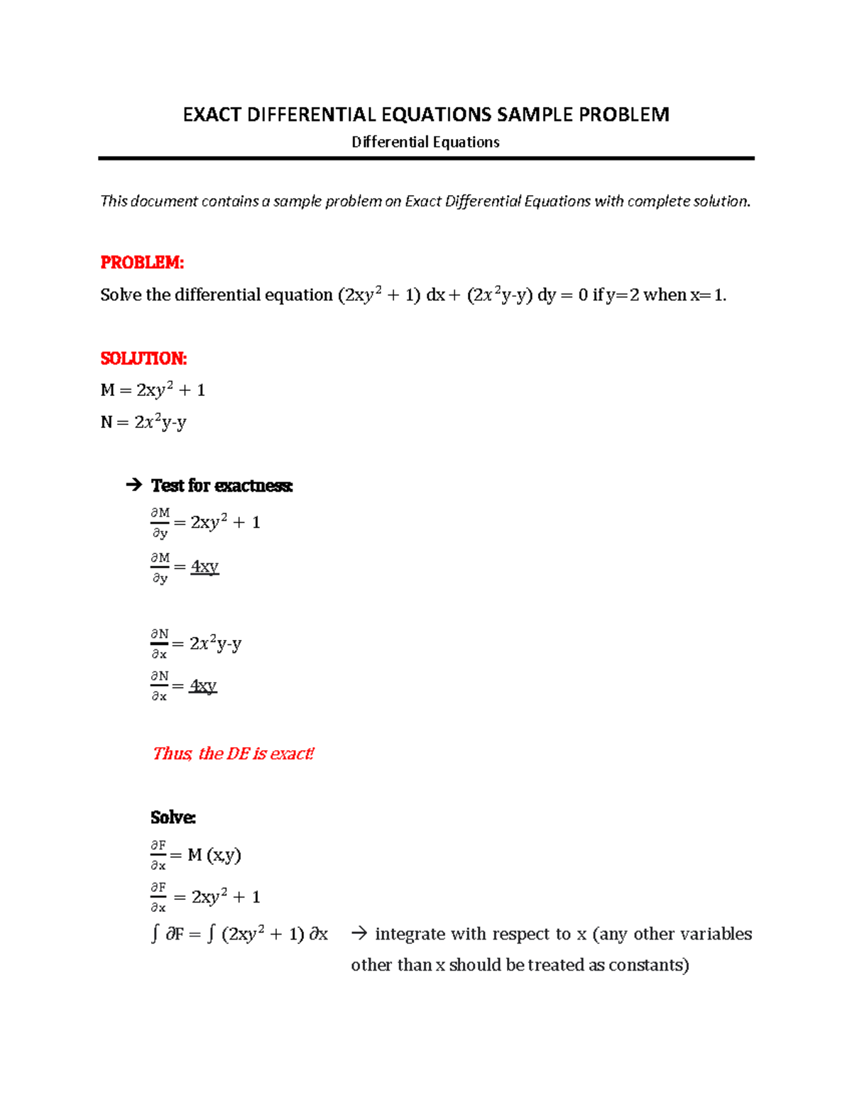 Exact Differential Equations Sample Problem (DE 101) - Studocu