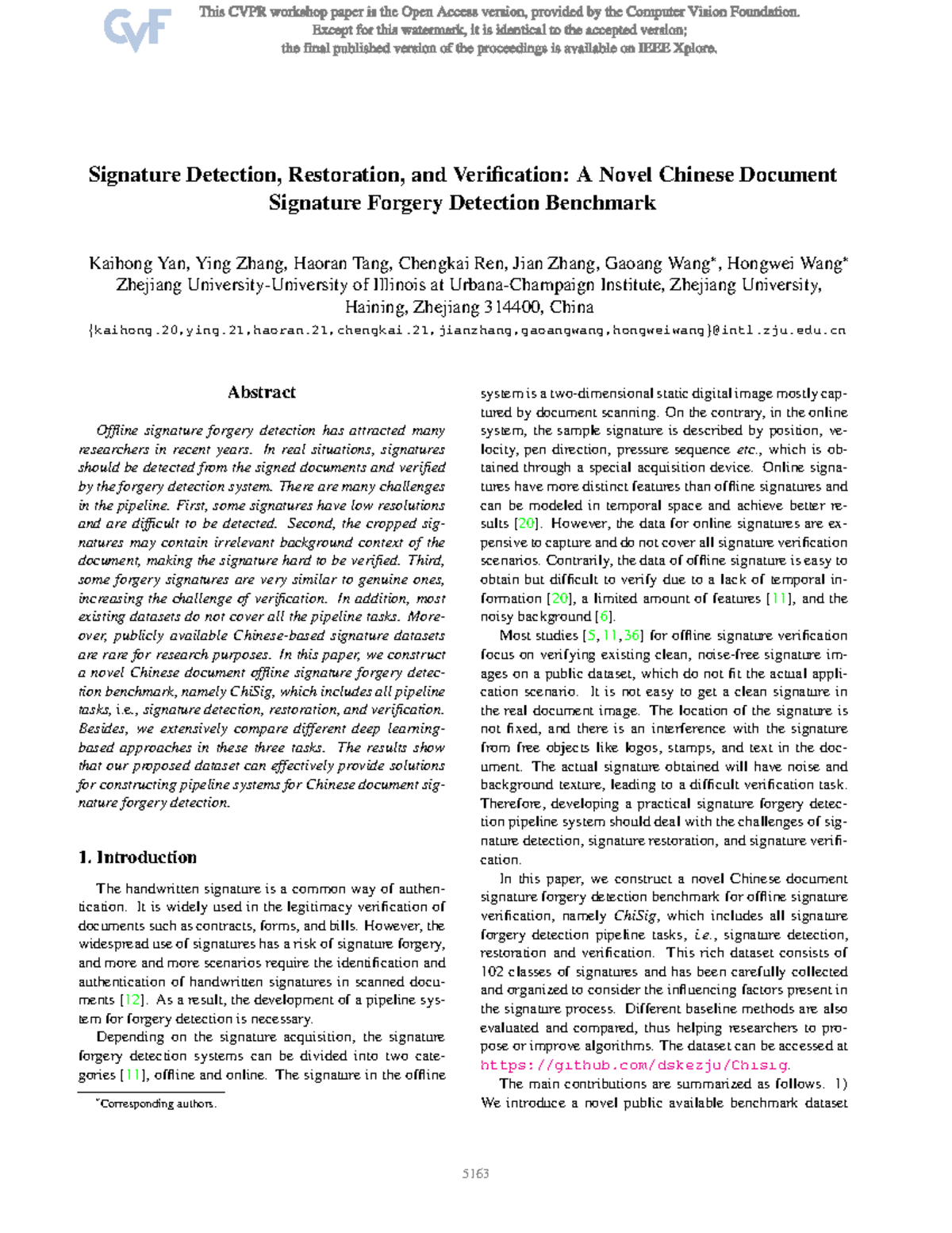 Yan Signature Detection, Restoration, and Verification: A Novel Chinese ...