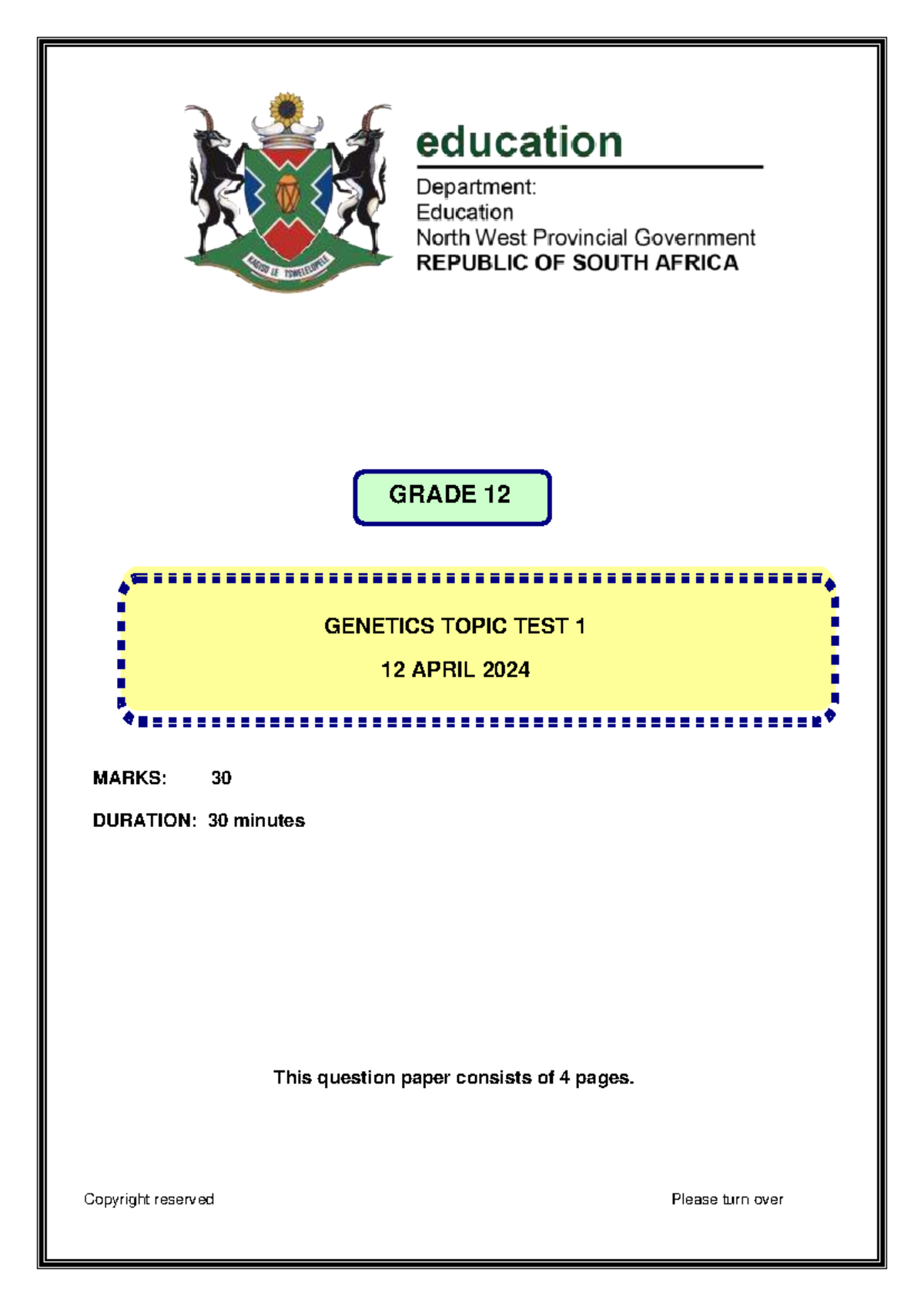 Grade 12 Genetics Topic Test 1 - April 2024 - Studocu