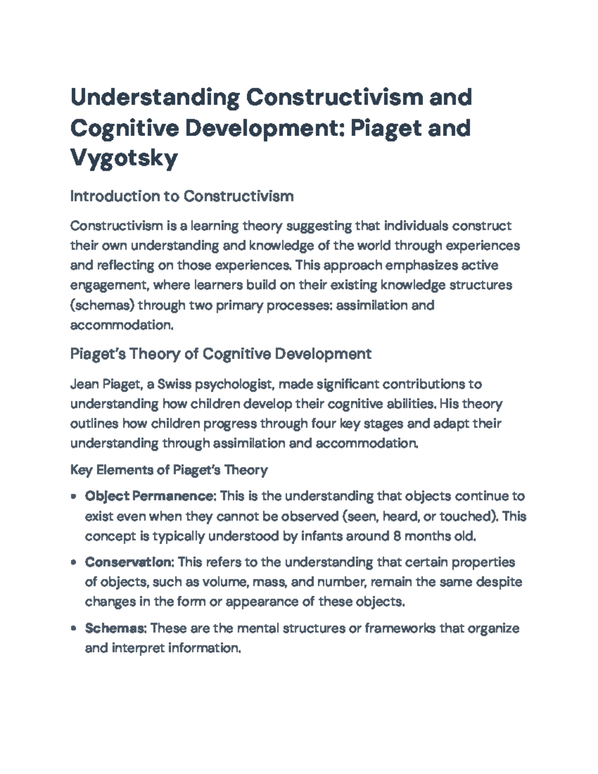 Understanding Constructivism in Cognitive Development: Piaget & Vygotsky - Understanding - Studocu