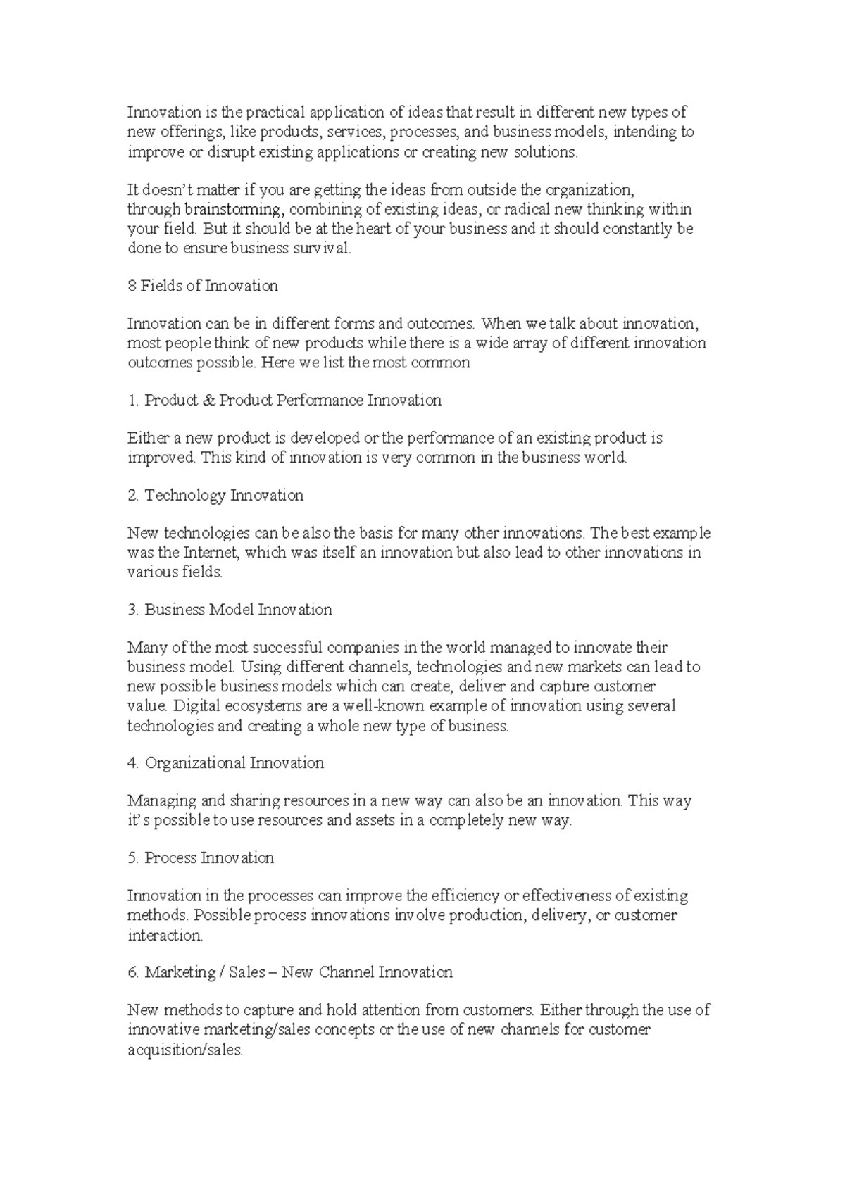 Innovation Lecture Notes On Types And Fields Of Innovation Studocu