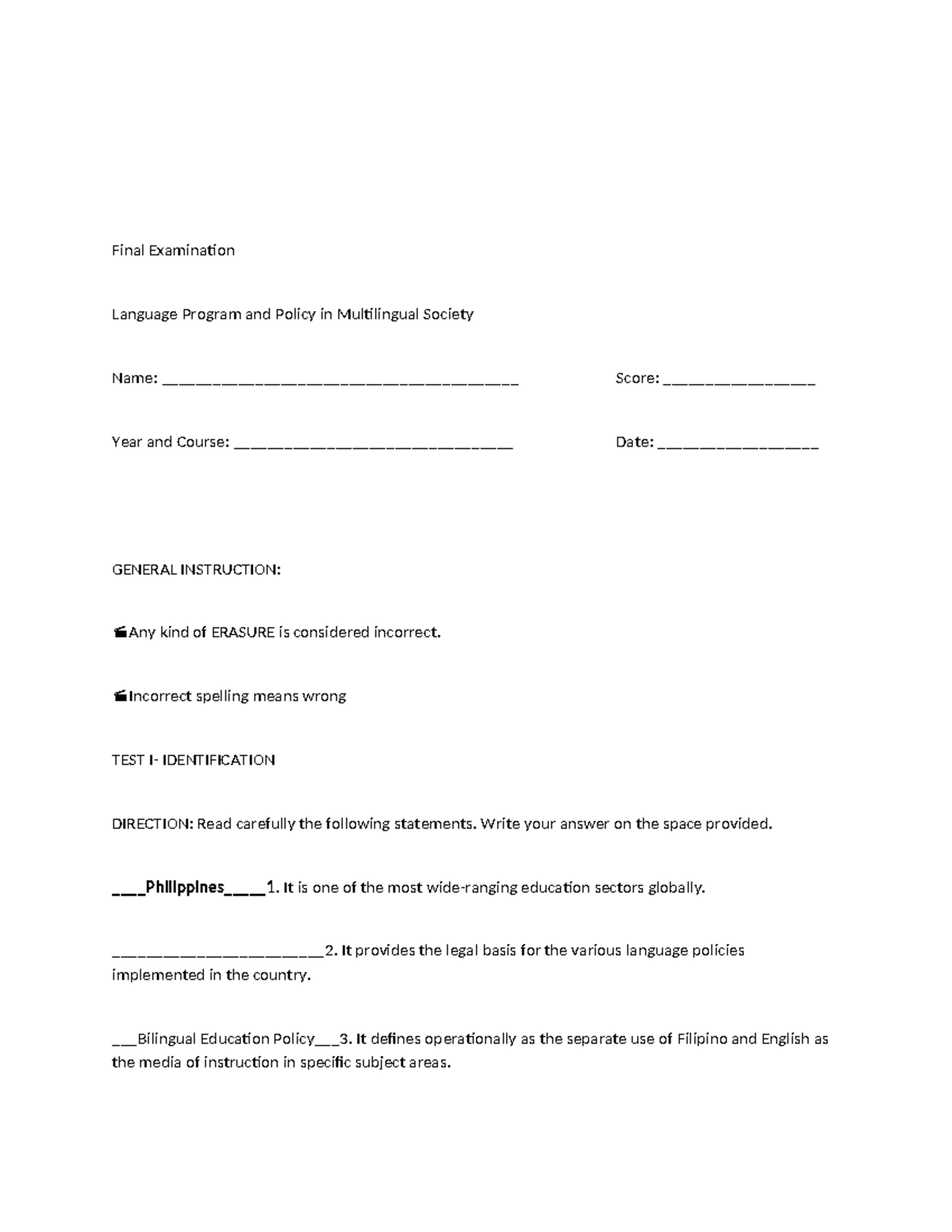 Final Exam in Language Program & Policy in Multilingual Society - Studocu