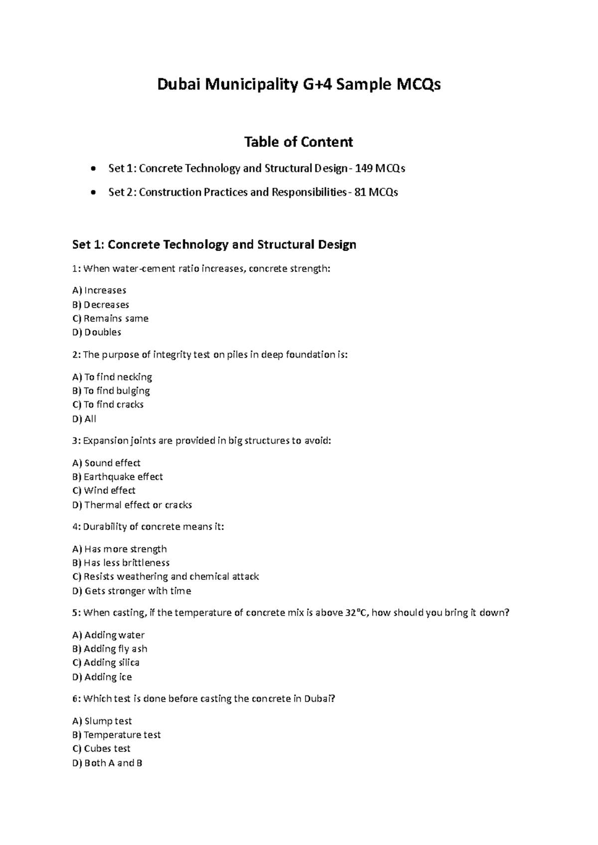 Dubai Municipality G+4 Test Questions: Concrete Tech & Structural ...