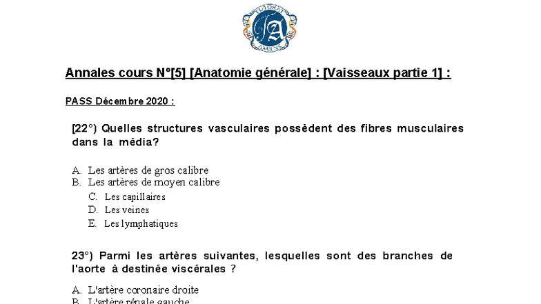 Annales PASS : Anatomie Générale des Vaisseaux - Partie 1 - Studocu