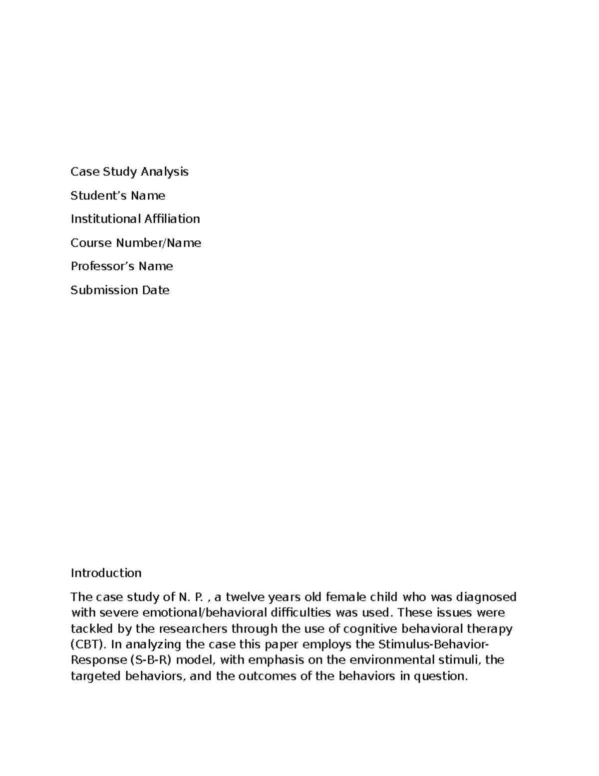 Case Study Analysis: N.P.'s Behavioral Issues & CBT (Course Code) - Studocu
