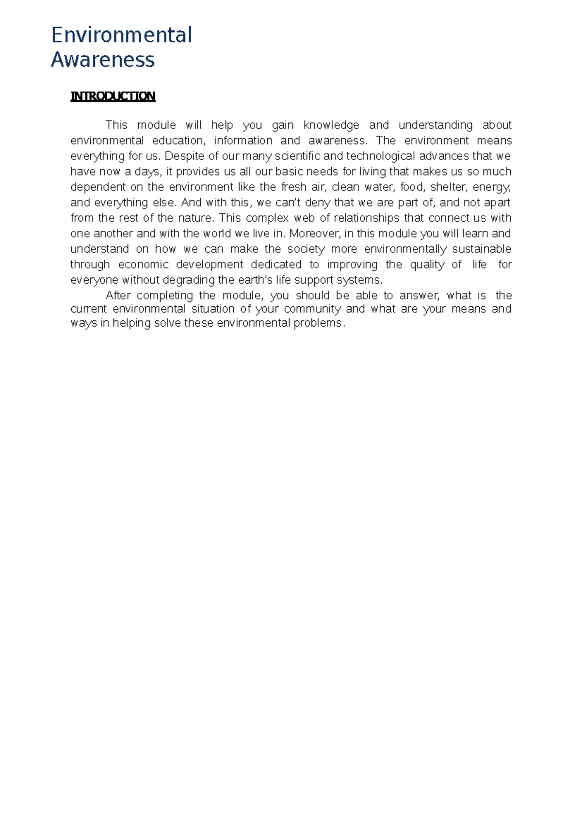 Environmental-Awareness - Environmental Awareness INTRODUCTION This ...