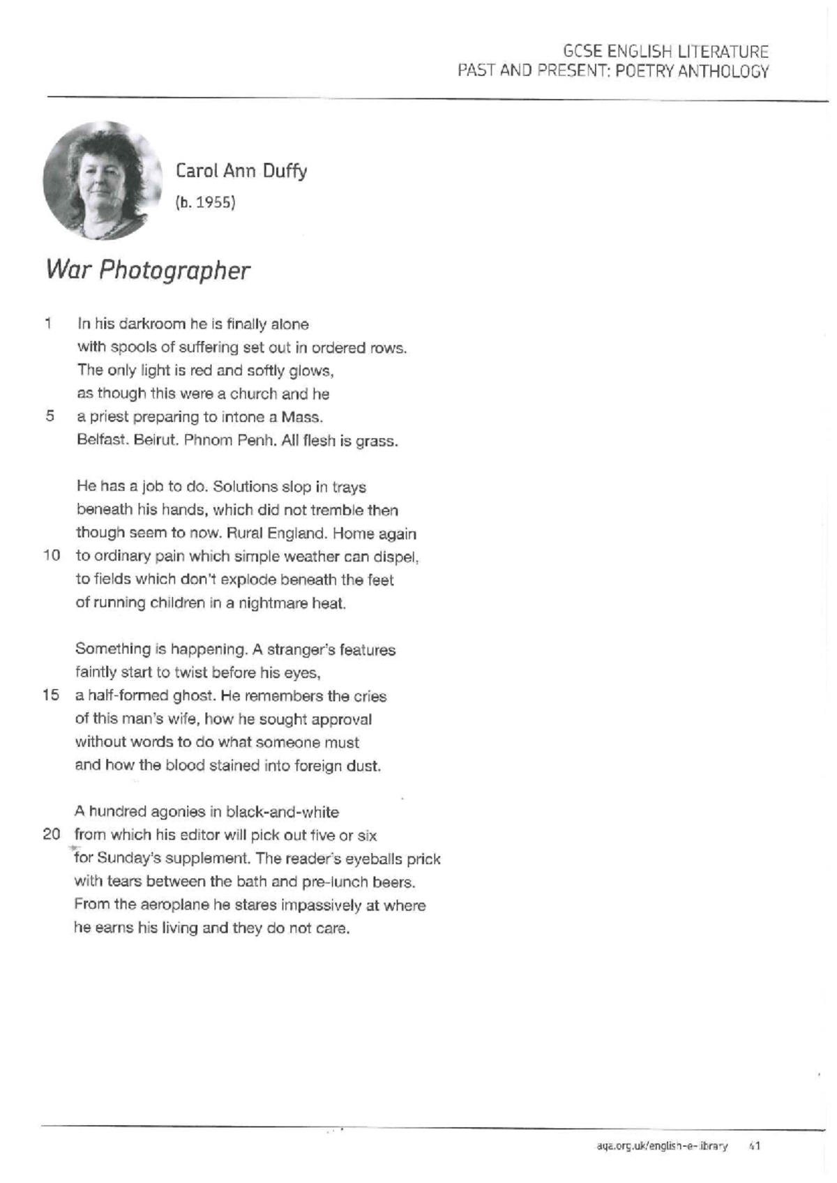 GCSE ENGLISH LITERATURE: War Photographer by Carol Ann Duffy - Studocu