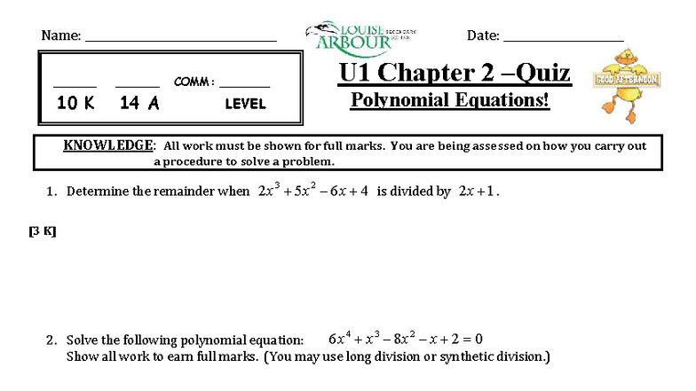 COMM: 10 K 14 A LEVEL - Ch 2 Polynomial Equations Practice Quiz - Studocu