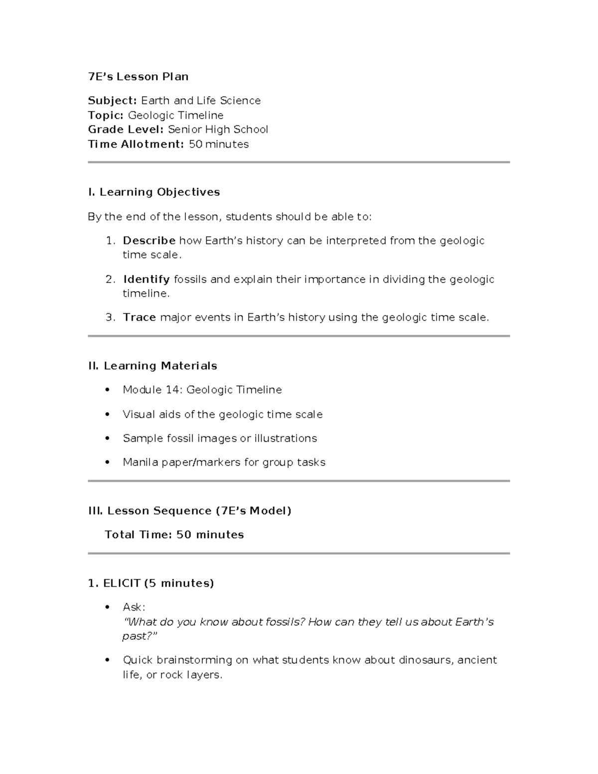7Es Lesson Plan: Geologic Timeline for Earth and Life Science - Studocu