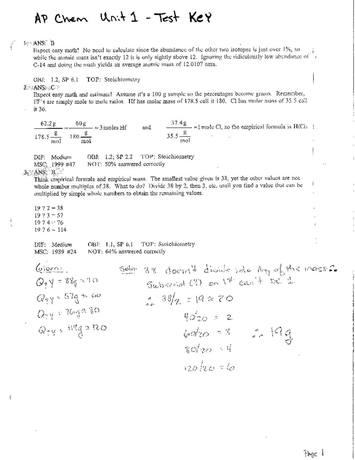 AP Chem Unit 1 Test Key - 2019 Quiz Answers and Explanations - Studocu