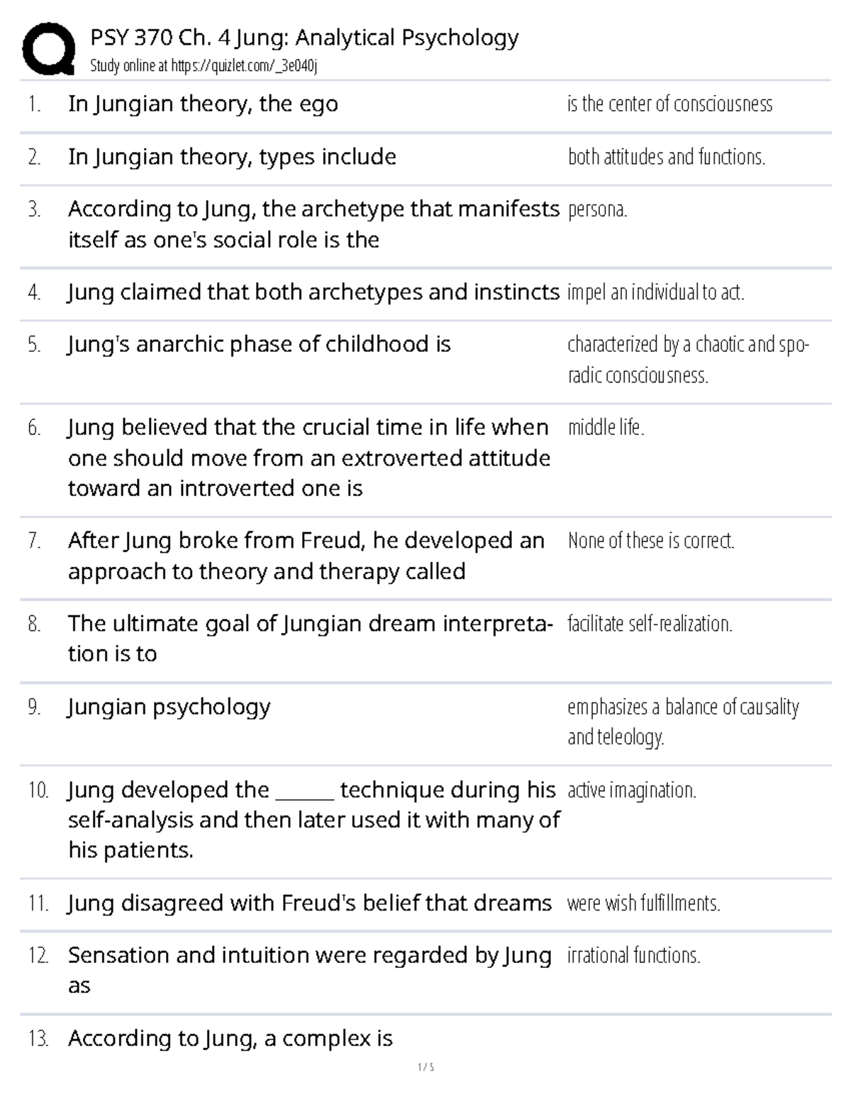 PSY 370 Ch. 4 Study Guide: Jung's Analytical Psychology Concepts - Studocu