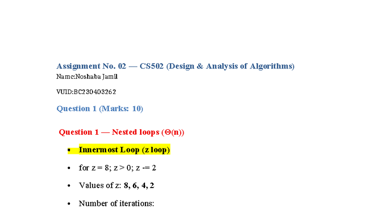 CS502 Assignment No. 02: Design Analysis of Algorithms Solutions - Studocu