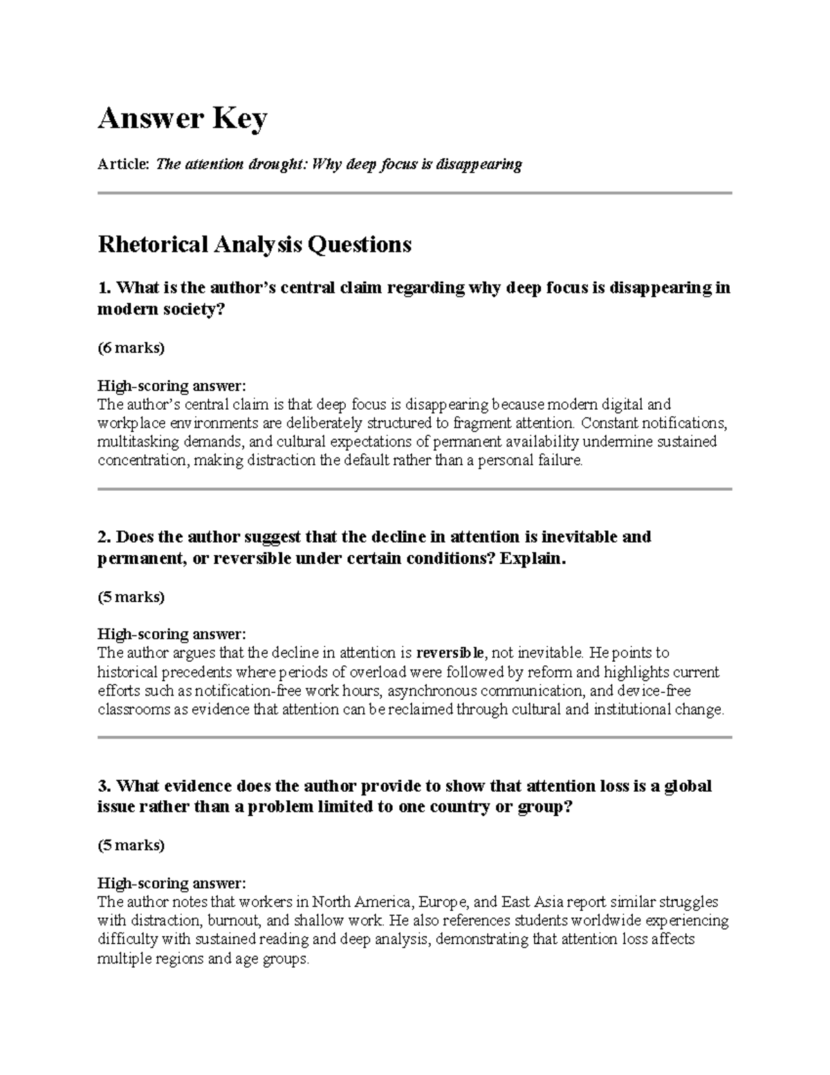 Answer Key: Rhetorical Analysis of "Attention Drought" Article - Studocu