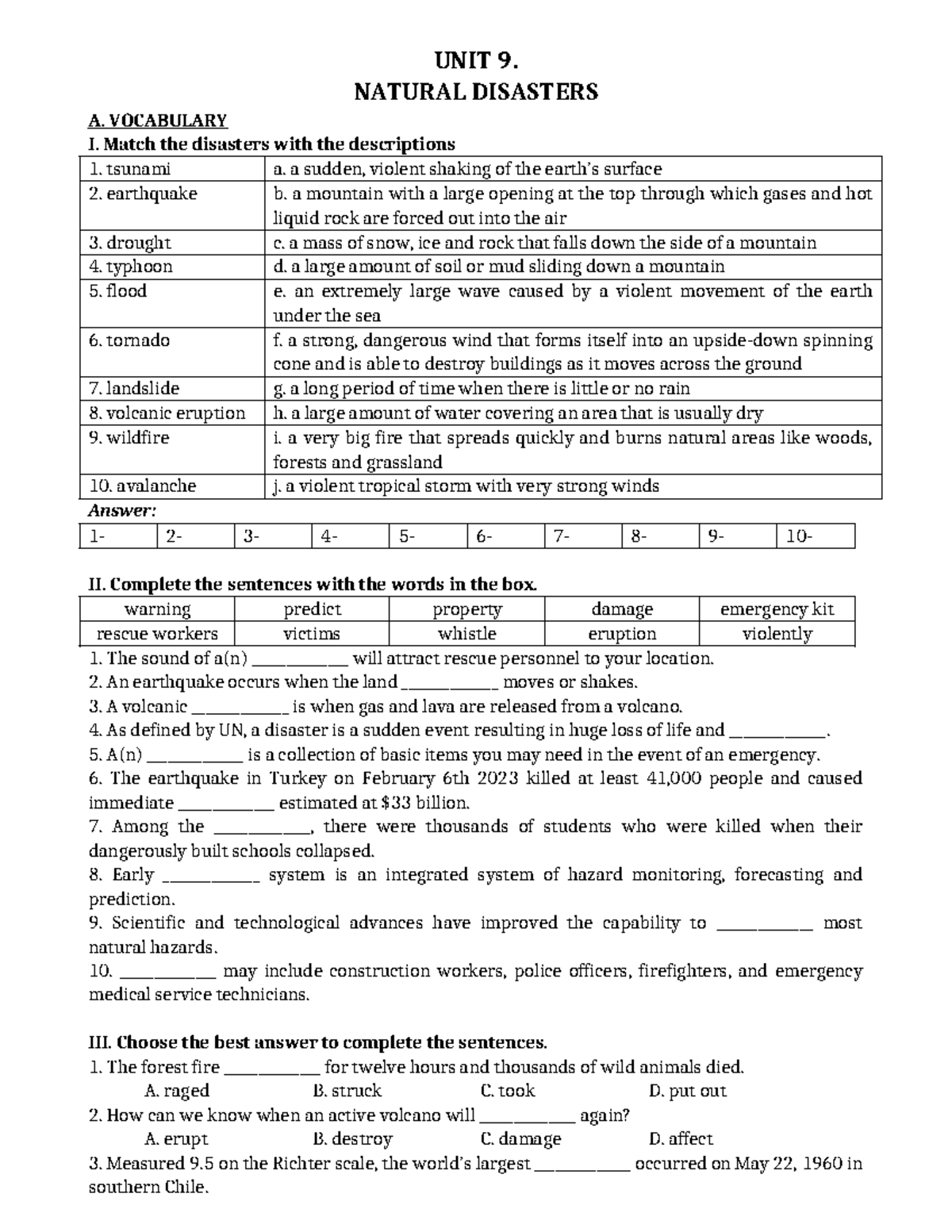 Global Success 9: Unit 9 - Natural Disasters Vocabulary & Exercises ...