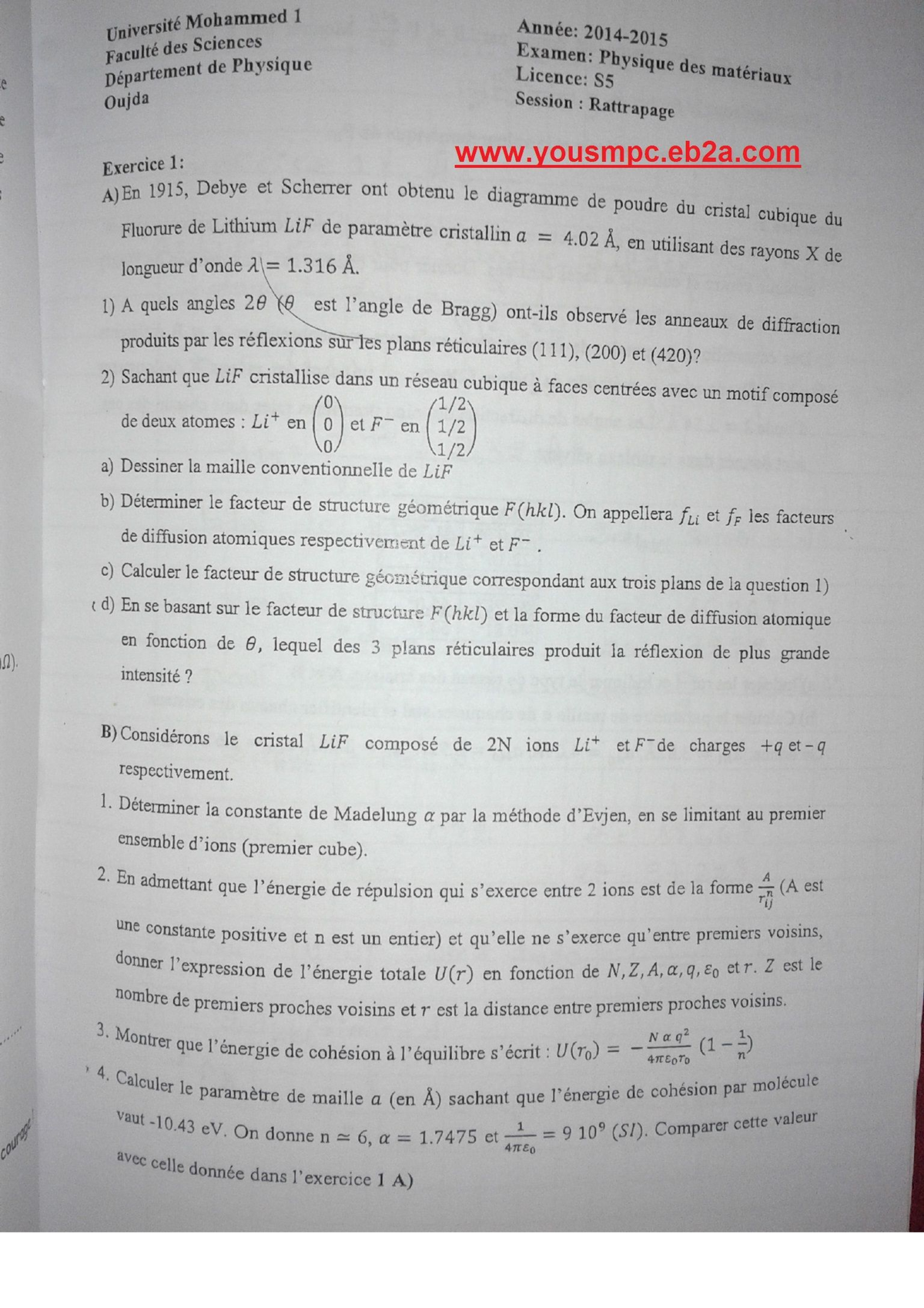 Examen N°2 - Corrigé de Physique des Matériaux S5 - Studocu