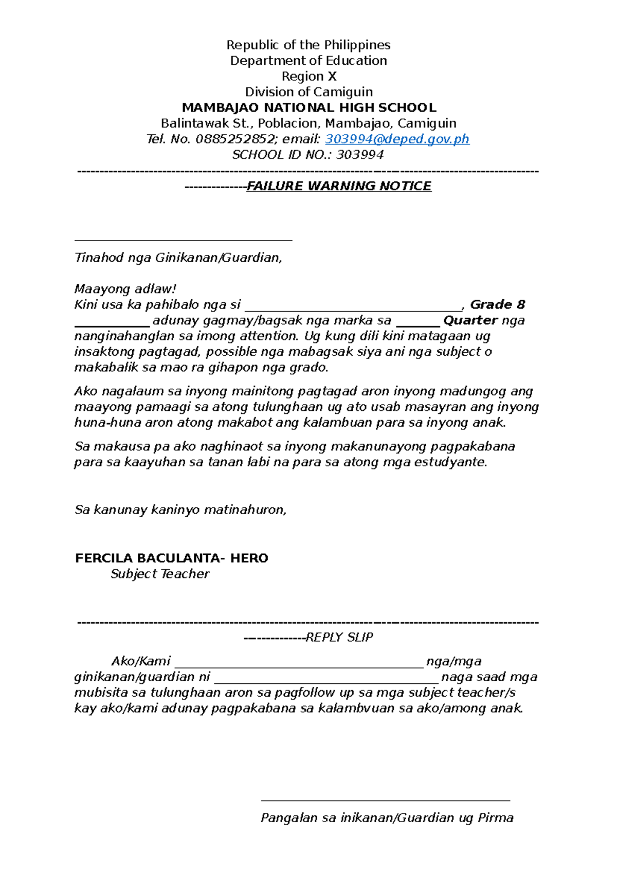 Grade 8 Failure Warning Notice and Parent Acknowledgment Form - Studocu
