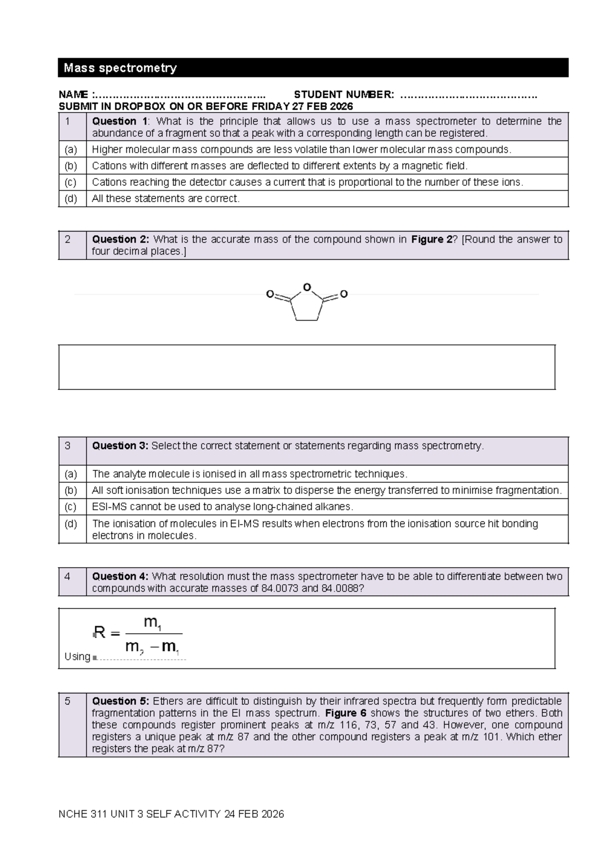 NCHE 311 Mass Spectrometry Self Activity Questions - Studocu