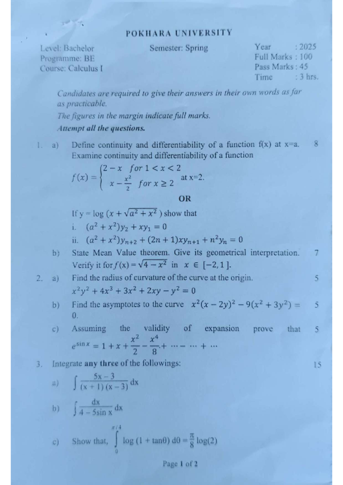 Calculus I-25 Spring 2025 - Board Exam Questions - Studocu