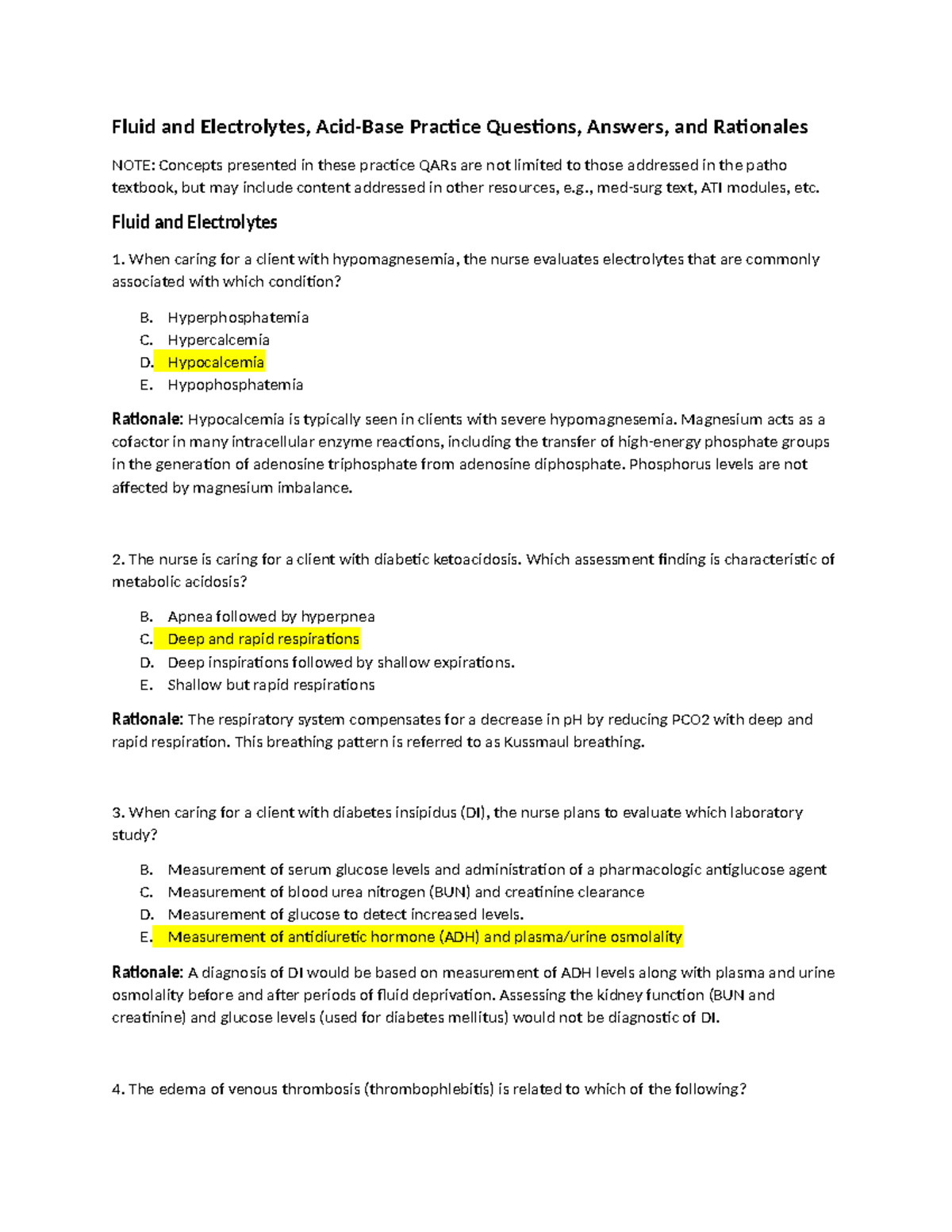 Fluid and Electrolytes, Acid-Base Practice Questions & Rationales - Studocu