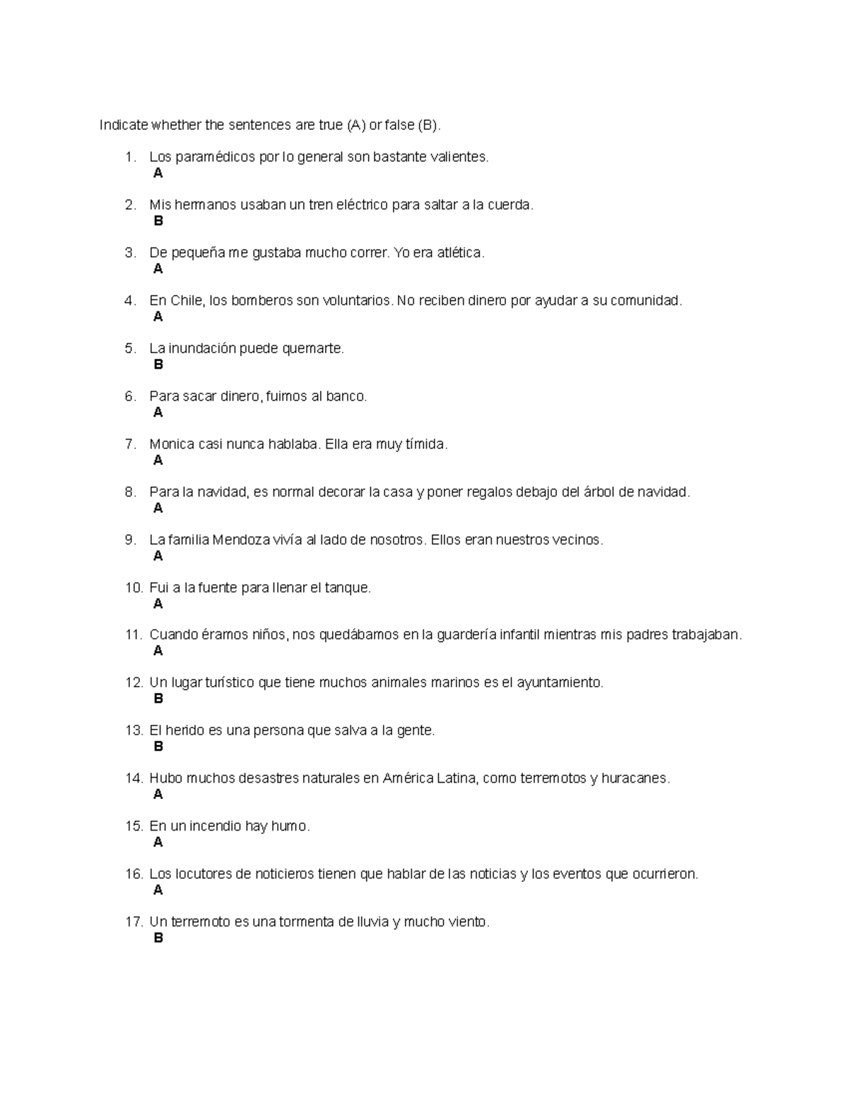 Spanish Language True/False Quiz – Course Code: SP101 - Studocu