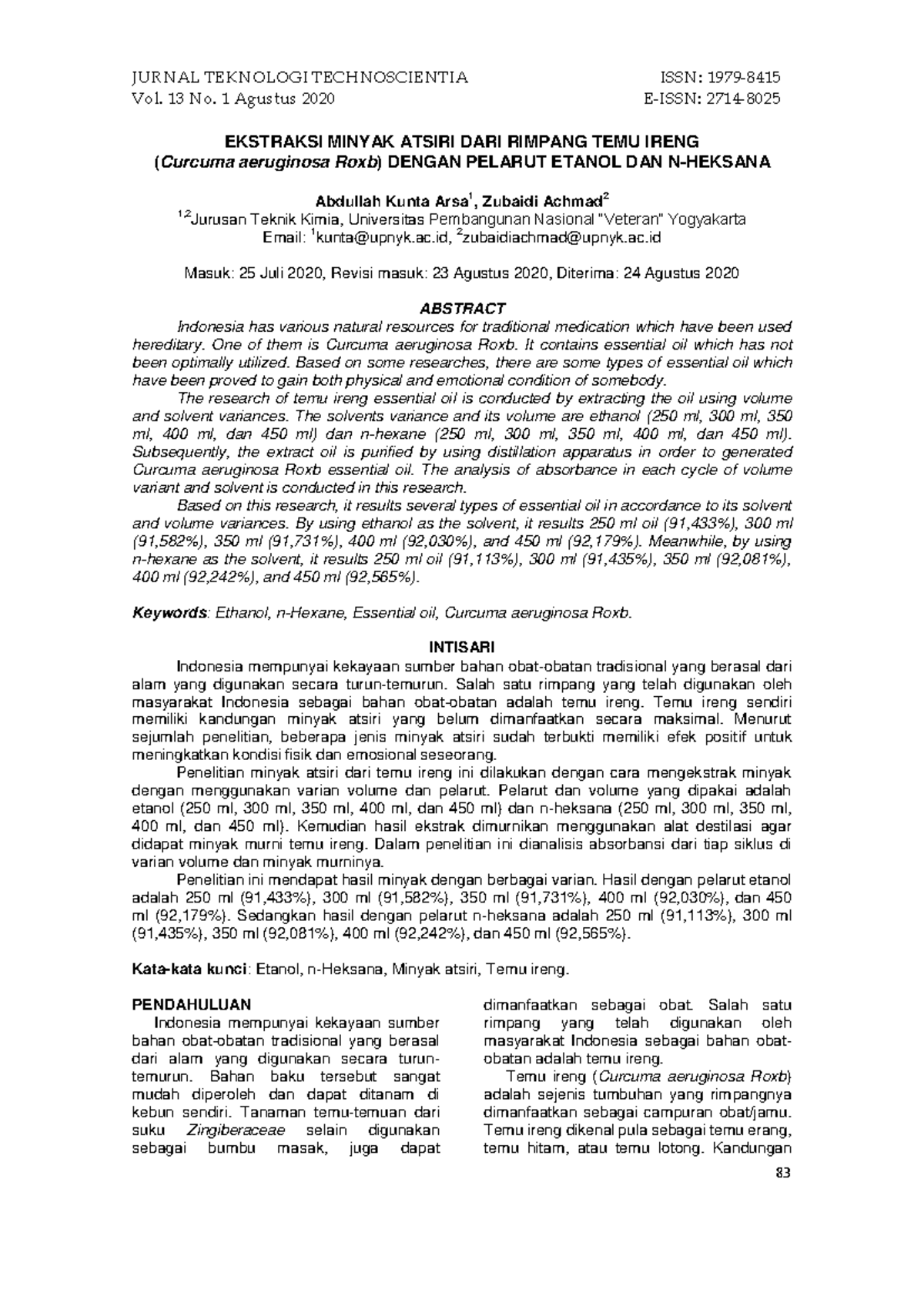 Ekstraksi Minyak Atsiri Temu Ireng (Curcuma aeruginosa Roxb) dengan ...