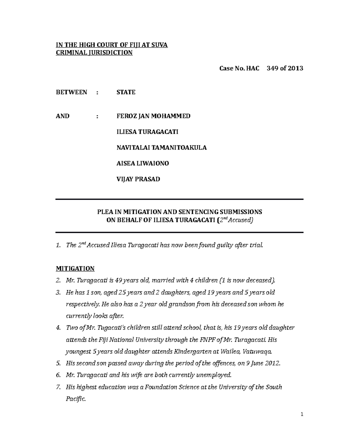 Plea in Mitigation & Sentencing Submissions - Case No. HAC 349/13 - Studocu