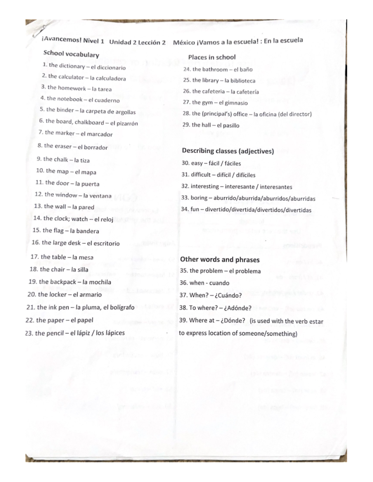 Avancemos! 1 Unidad 2 Lección 2 - School Vocabulary (vocab) - Studocu