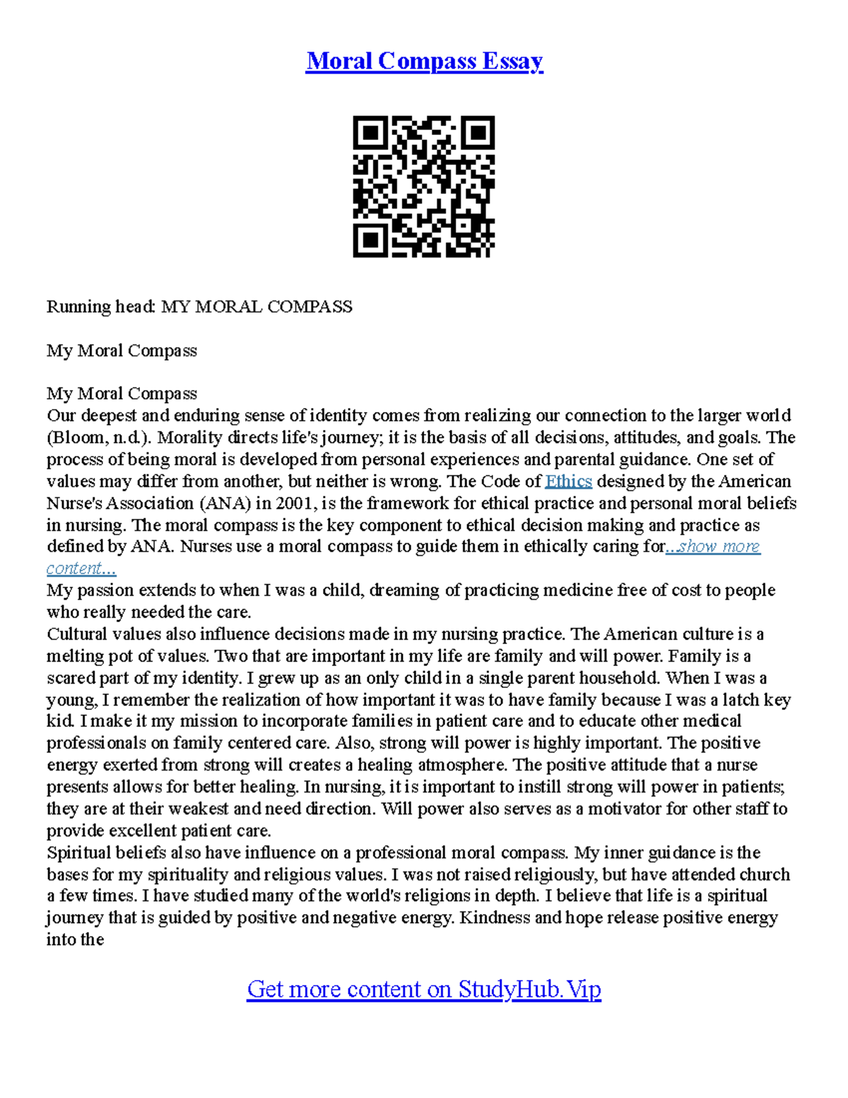 Moral Compass Essay (NUR 101) - My Personal Ethical Guidelines - Studocu