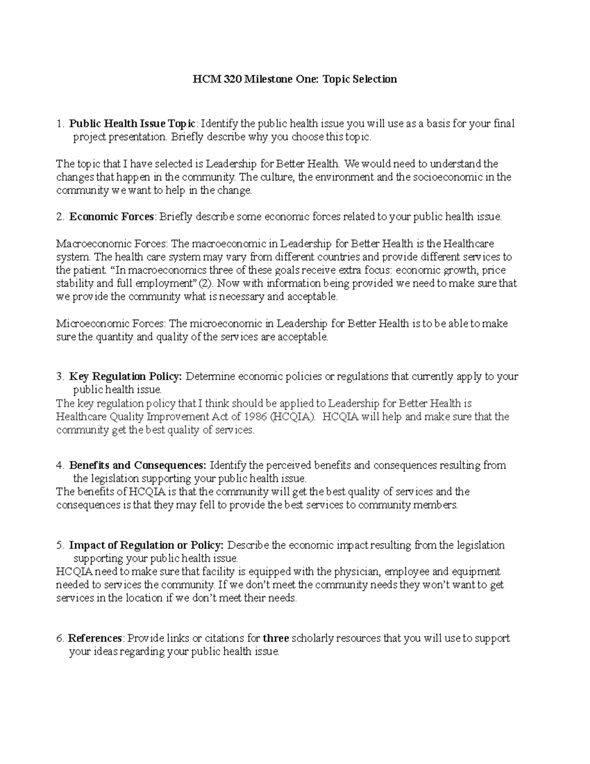 HCM 320 Milestone One: Public Health Leadership Topic Selection - Studocu
