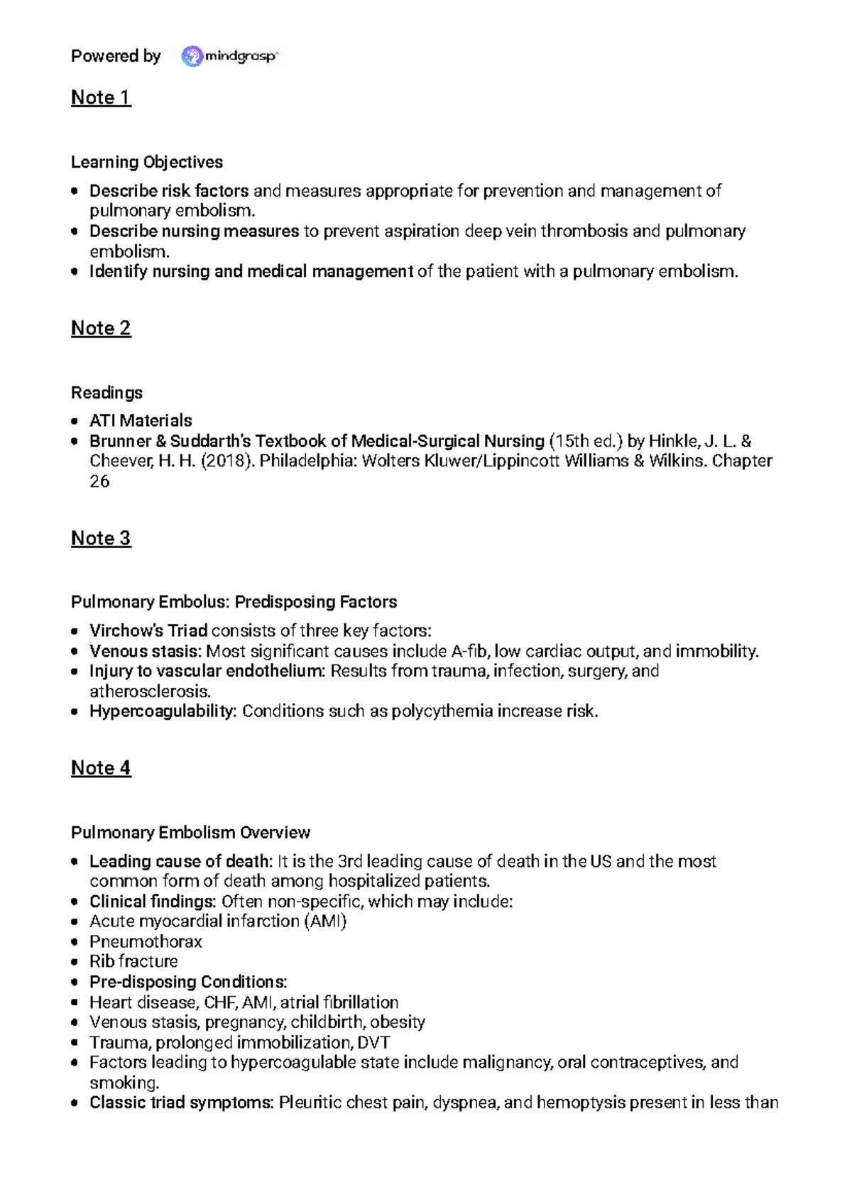 Smart Notes: Pulmonary Embolism Overview & Nursing Management (NURS 101 ...