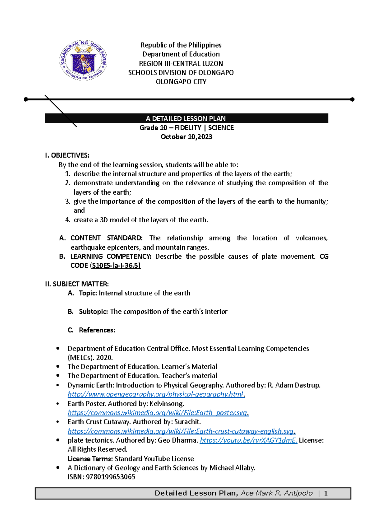 Detailed Lesson Plan: Earth's Structure and Composition (S10ES-la-j-36. ...