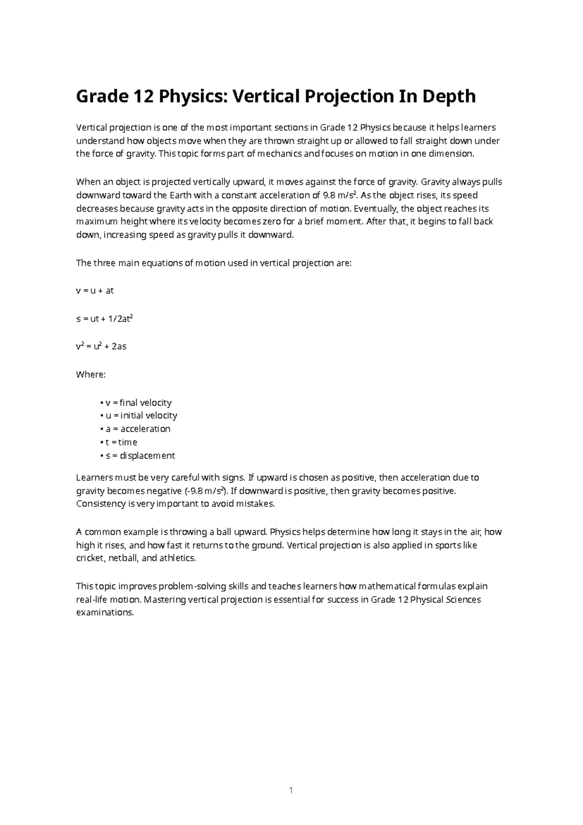 Grade 12 Physics: In-Depth Study of Vertical Projection - Studocu
