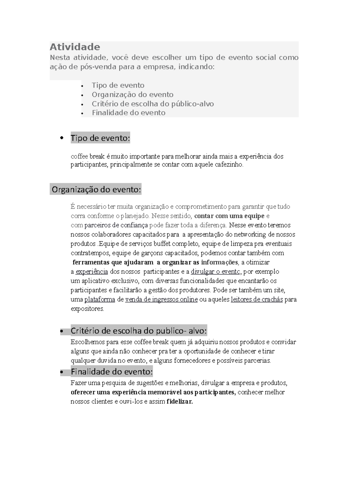 Atividade 4: Planejamento de Coffee Break para Evento Social - Studocu
