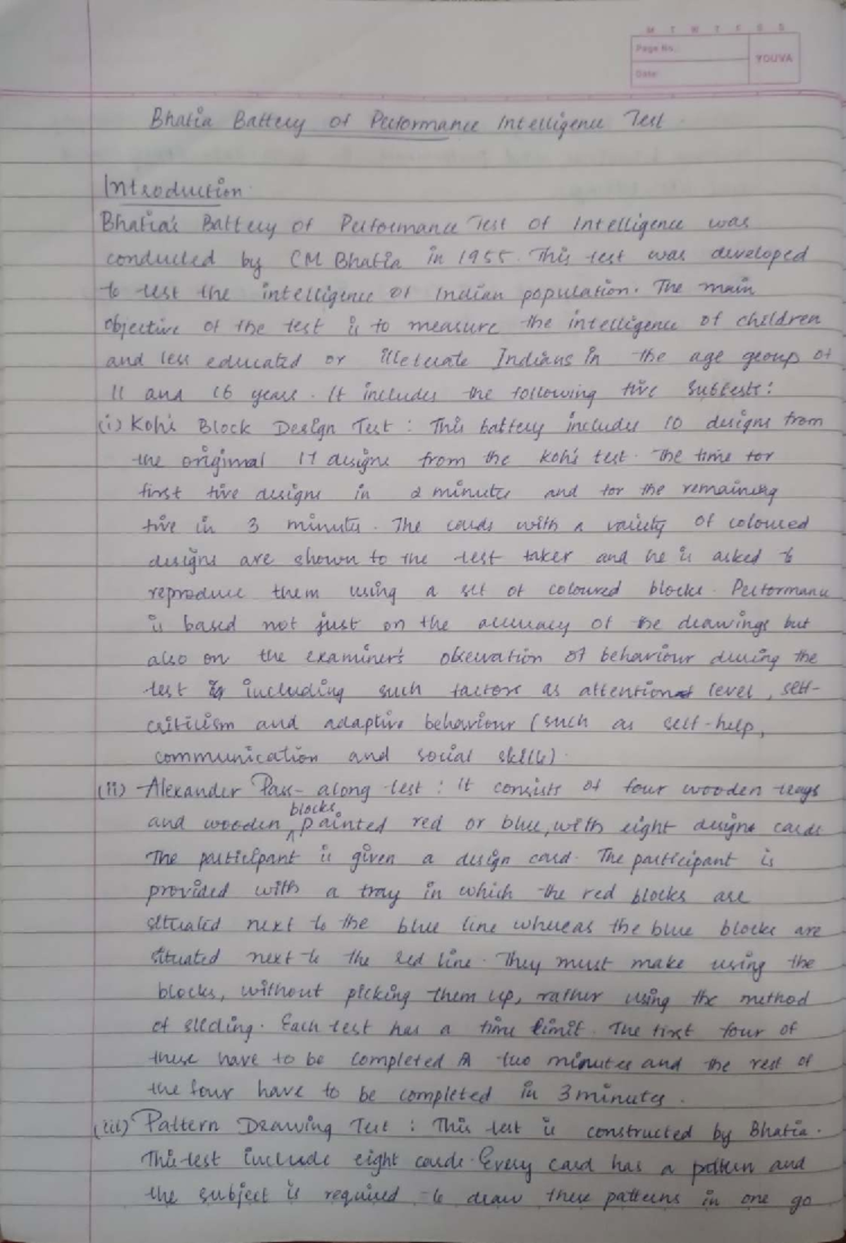 Bhatia Battery of Performance Intelligence Test Analysis (YOUVA) - Studocu