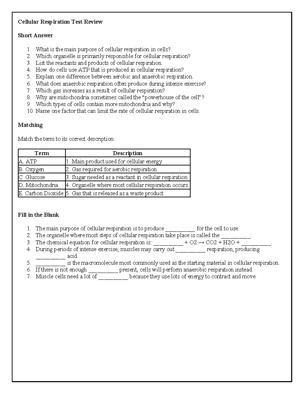 Cellular Respiration Test Review: Key Concepts & Questions - Studocu