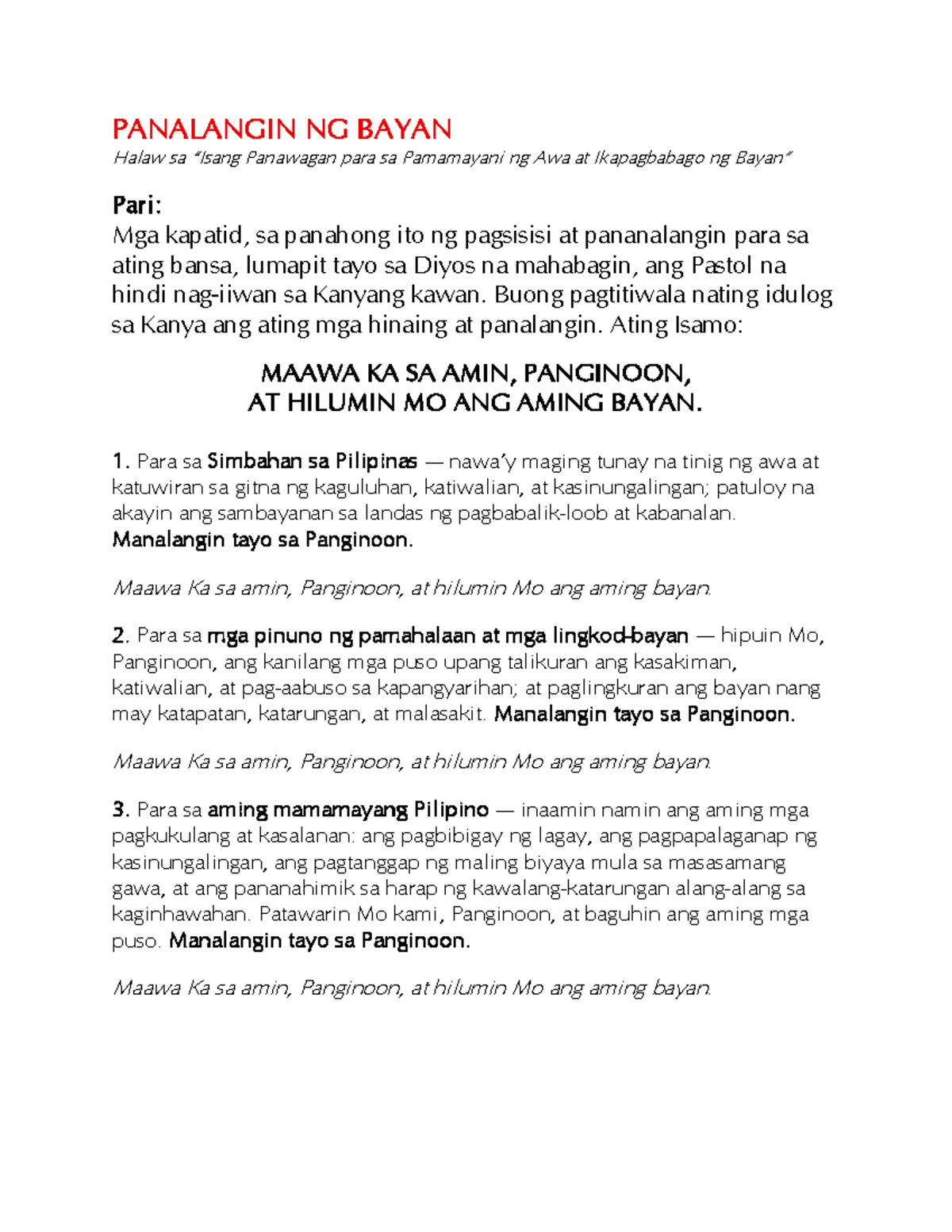 Panalangin ng Bayan: Awa at Pagbabago para sa Bansa - Studocu