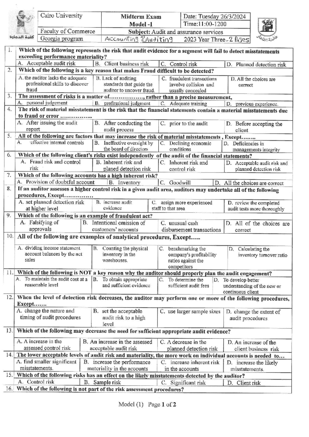 Cairo University ACC 2023 Midterm Exam: Audit & Assurance Services ...