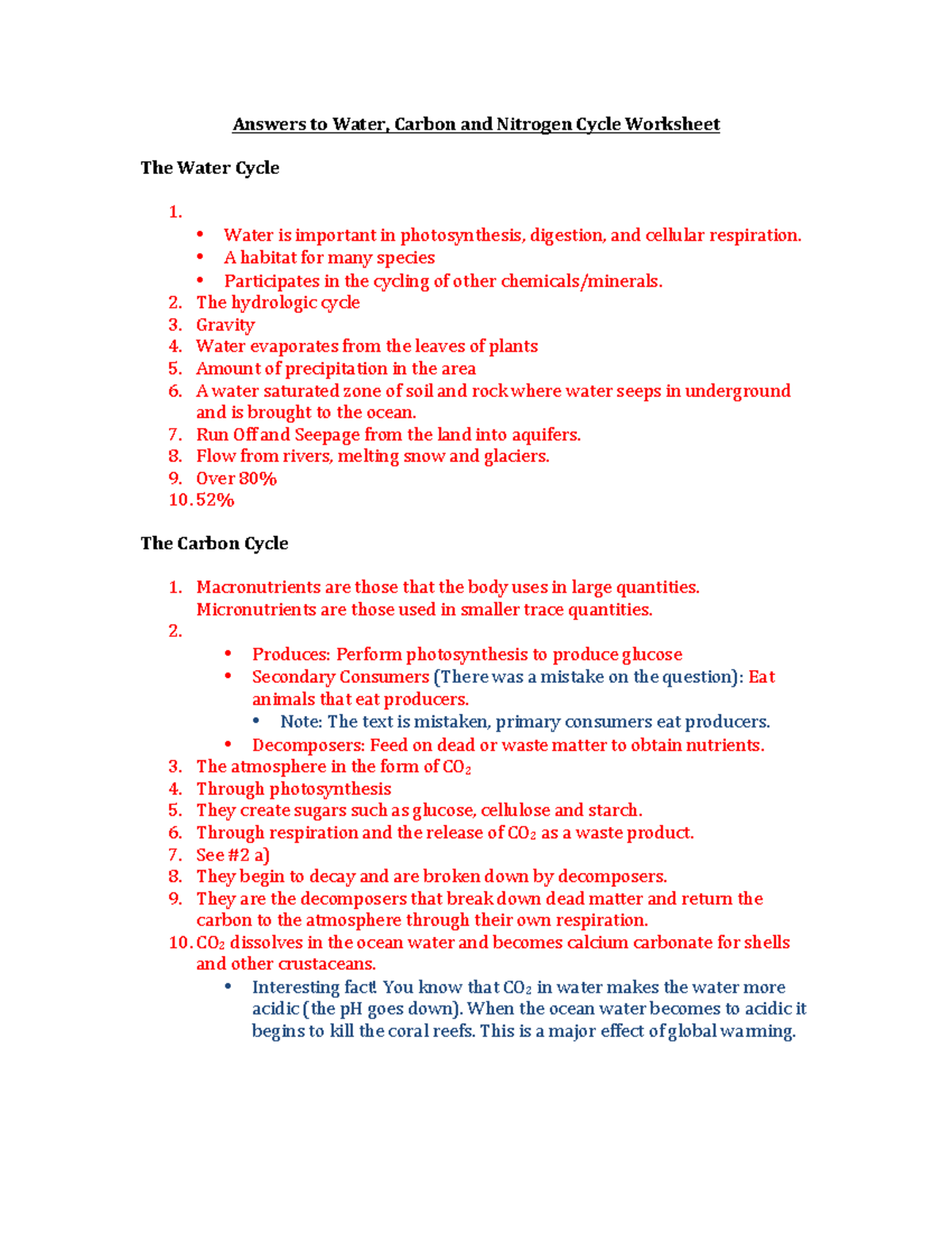 Answers to Water, Carbon, Nitrogen & Phosphorus Cycle Worksheet - Studocu