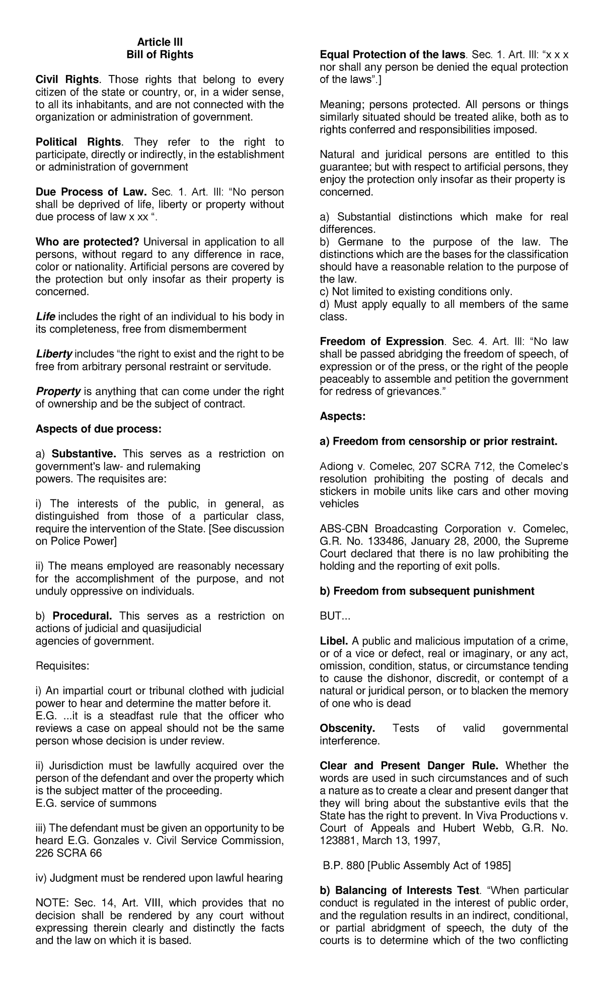 Bill of Rights Review: Article III - Civil and Political Rights - Studocu