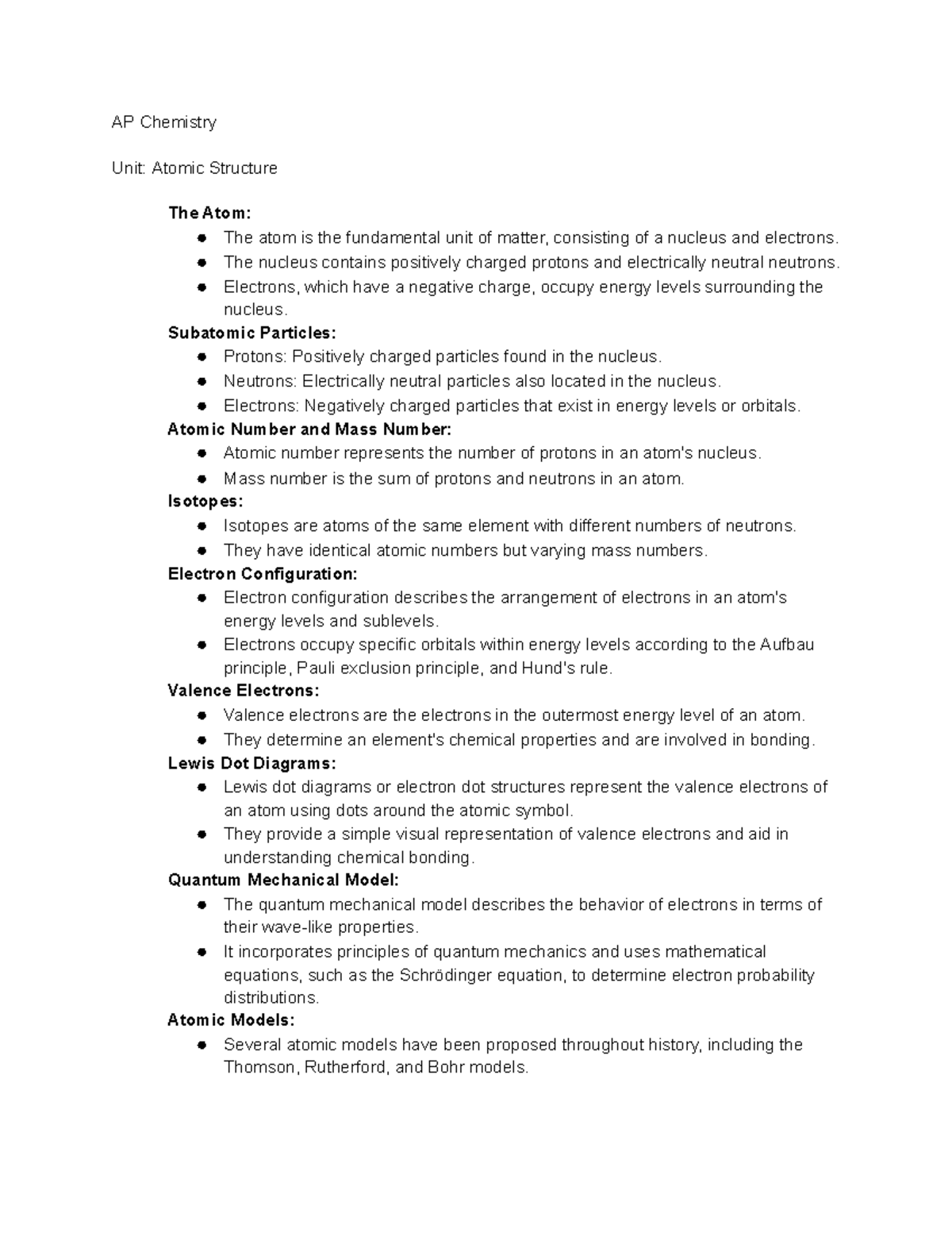 AP Chemistry - Comprehensive Notes on Atomic Structure - Studocu