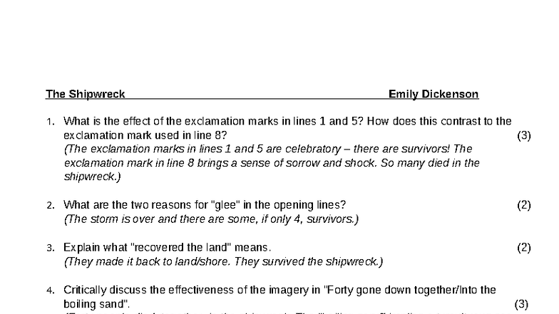 Shipwreck Analysis: Emily Dickinson's Poetic Techniques - Studocu
