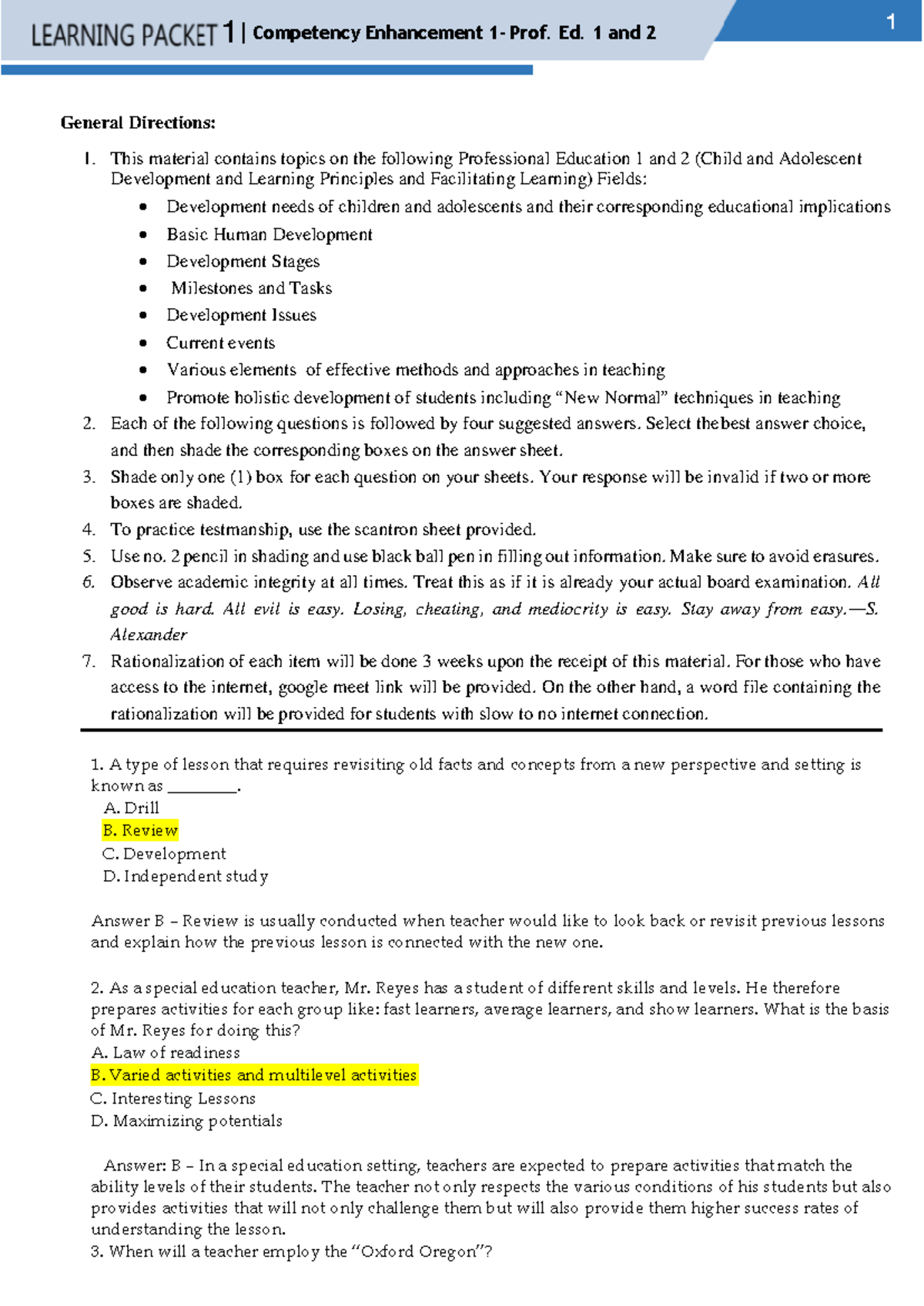 Competency Enhancement for Prof. Ed. 1 & 2 - Exam Notes and Guidelines ...