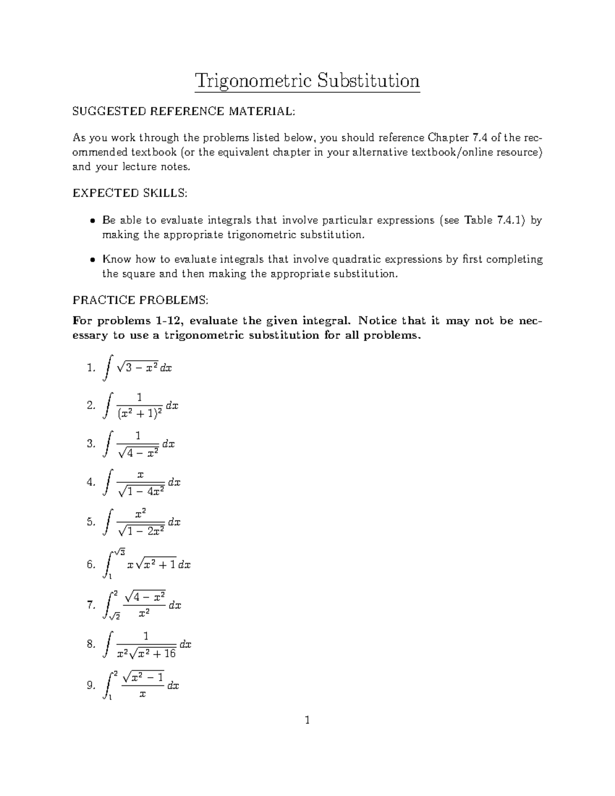 Trigonometric Substitution Homework 7: Practice Problems & Skills - Studocu