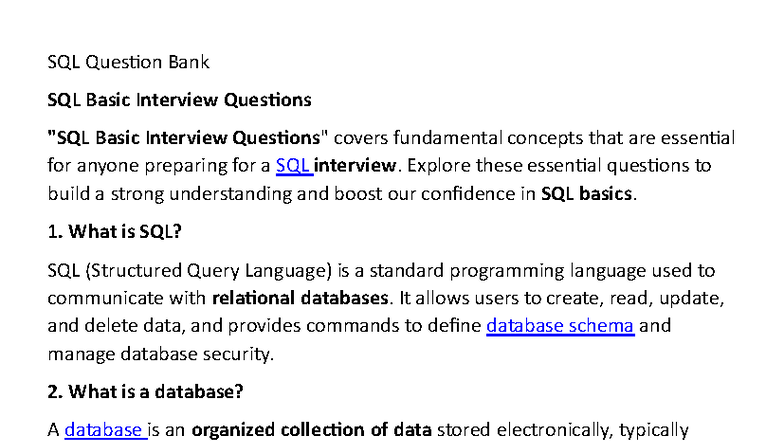 SQL Question Bank: Essential Interview Questions for SQL Basics - Studocu